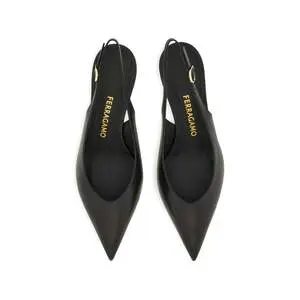 FERRAGAMO Leather Slingback Pumps With Sculptural Gold-tone Heel - Black
