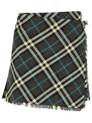 Burberry Check Patterned Skirt With Leather Buckle Detail - Green