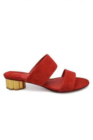 FERRAGAMO Suede Mules With Golden Flower Heel