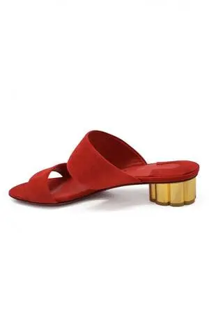 FERRAGAMO Suede Mules With Golden Flower Heel