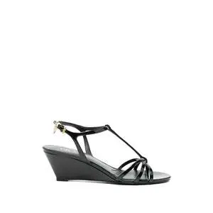 Prada Leather Wedge Sandals With Metal Logo Buckle - Black