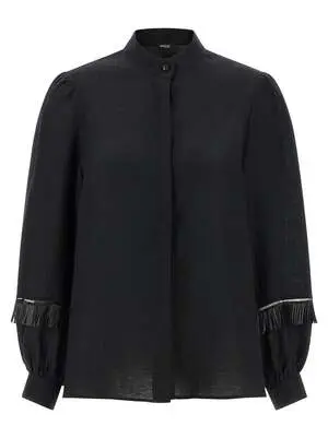 Kiton Linen Shirt With Puff Shoulders And Fringe Detail - Black