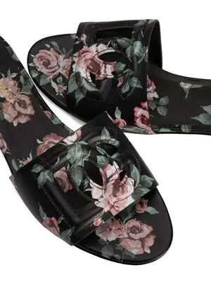 Dolce & Gabbana Floral Print Calfskin Slide Sandals - Black