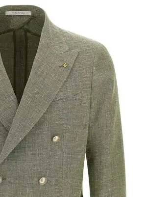 Tagliatore Montecarlo Double-breasted Blazer In Cotton And Linen Blend Jacquard - Green