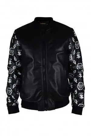 Philipp Plein Leather Bomber Jacket With Graphic Sleeves - Black