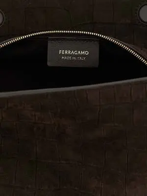 FERRAGAMO Croc Effect Suede Shoulder Bag - Brown