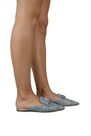 JIMMY CHOO Glitter Pointed Toe Mules With Bow Detailing - Silver