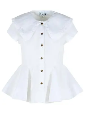GANNI Cotton Shirt With Wide Rounded Collar And Short Sleeves - White