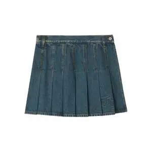 Burberry Pleated Denim Skirt With Embroidered Logo - Blue