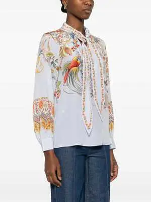 Etro Bird Print Silk Blouse With Tie Collar