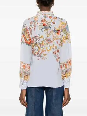 Etro Bird Print Silk Blouse With Tie Collar