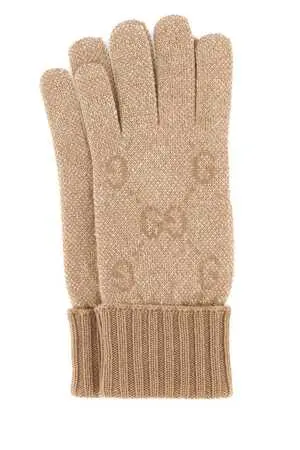 Gucci Beige Cashmere Blend Gloves With Monogram - Brown