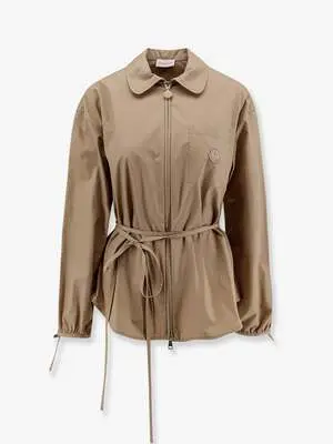 Moncler Cotton Shirt Jacket With Embroidered Logo And Drawstring Waist - Cream