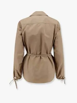 Moncler Cotton Shirt Jacket With Embroidered Logo And Drawstring Waist - Cream