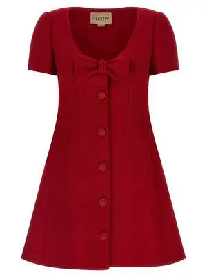 Valentino Garavani Plain Wool Tweed Mini Dress With Bow Detail
