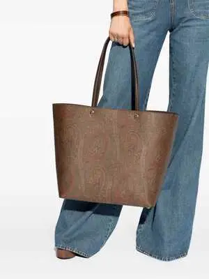 Etro Paisley Print Leather Trimmed Tote Bag