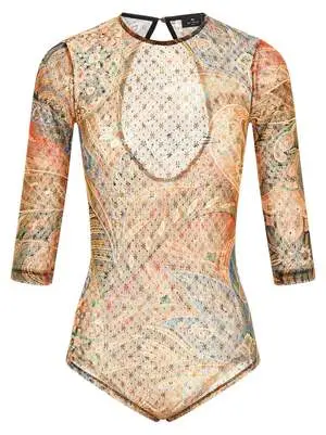 Etro Paisley Foliage Print Tulle Bodysuit