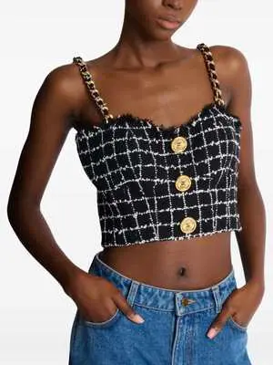 Balmain Tweed Top With Chain Shoulder Straps