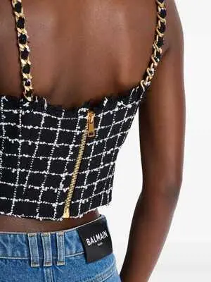 Balmain Tweed Top With Chain Shoulder Straps