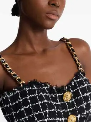 Balmain Tweed Top With Chain Shoulder Straps