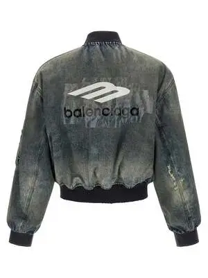 Balenciaga Bomber Standard" Denim Jacket With "3b Taped" Embroidery - Gray