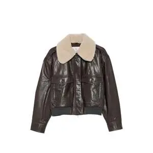 Brunello Cucinelli Leather Jacket With Shearling Collar - Brown