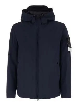 Stone Island Blue Tech Fabric Jacket With Hood And Logo Patch - Multicolor