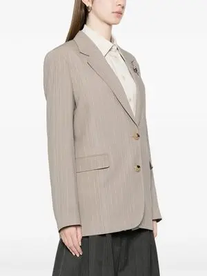 GOLDEN GOOSE Oversized Wool Blend Pinstripe Blazer With Brooch - Multicolor