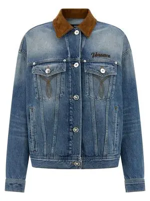 Versace Trucker Denim Jacket With Suede Collar - Blue