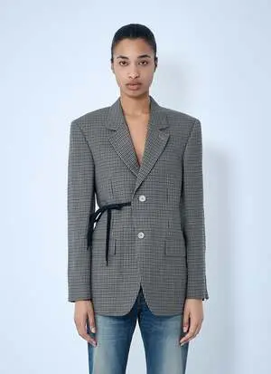Balenciaga Single-breasted Check Pattern Blazer With Tie Detail - Gray