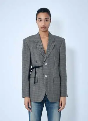 Balenciaga Single-breasted Check Pattern Blazer With Tie Detail - Gray