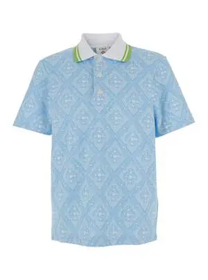 Casablanca Light Blue Polo Shirt With Classic Bicolor Collar And All-over Embroidery In Cotton Blend - Multicolor