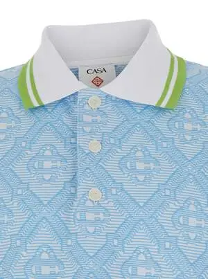 Casablanca Light Blue Polo Shirt With Classic Bicolor Collar And All-over Embroidery In Cotton Blend - Multicolor