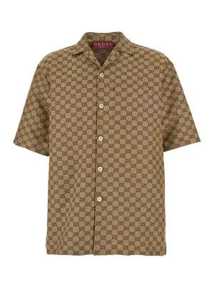 Gucci Beige Bowling Shirt With Gg All-over Motif In Linen - Multicolor