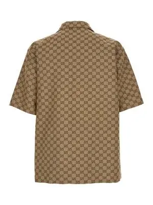 Gucci Beige Bowling Shirt With Gg All-over Motif In Linen - Multicolor