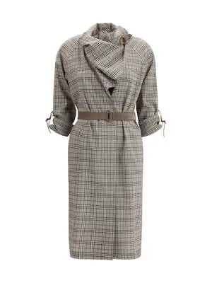 Burberry Wool Check Dress With Shawl Collar And Belted Waist