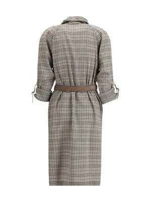 Burberry Wool Check Dress With Shawl Collar And Belted Waist