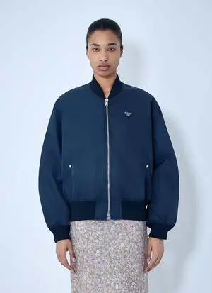 Prada Zip-up Bomber Jacket With Logo Plaque - Blue