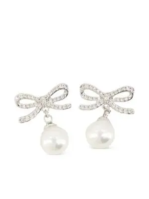 SELF-PORTRAIT Bow Drop Earrings With Pearl Detail - Silver