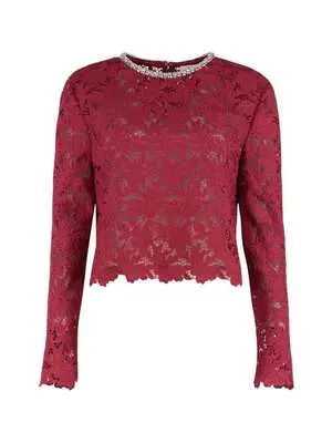 SELF-PORTRAIT Crystal Embellished Lace Top - Red