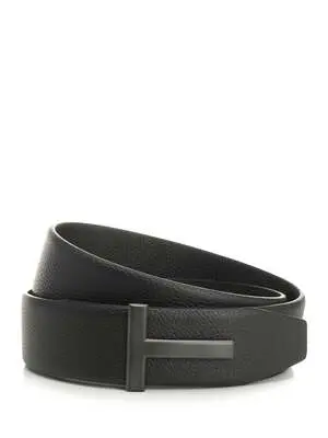 TOM FORD Reversible Leather Belt With Burnished Metal Buckle - Black