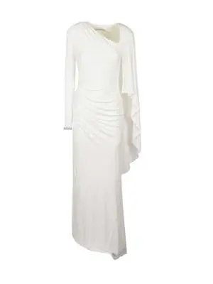 SELF-PORTRAIT Long Draped Asymmetrical Neckline Dress - White