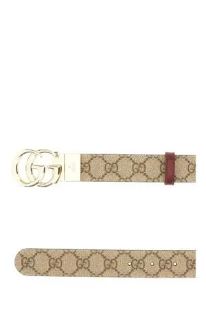 Gucci Monogrammed Canvas Belt With Leather Trim And Gold Tone Interlocking G Buckle - Multicolor