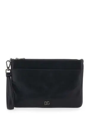 Dolce & Gabbana Leather Clutch With Logo Plate And Wrist Strap - Black