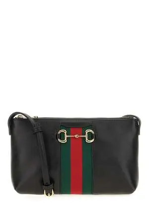 Gucci Black Leather Shopper Bag With Green And Red Stripe Detail