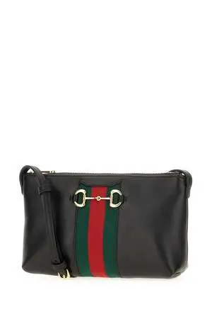 Gucci Black Leather Shopper Bag With Green And Red Stripe Detail