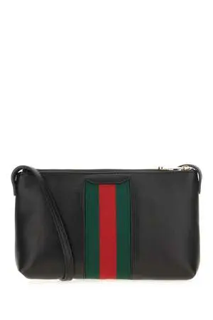 Gucci Black Leather Shopper Bag With Green And Red Stripe Detail