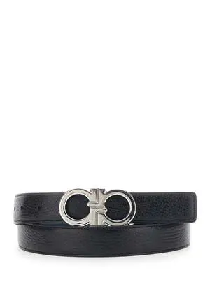 FERRAGAMO Reversible Belt With Gancini Buckle In Hammered Leather - Black