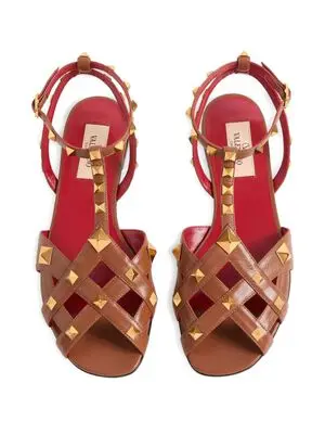 Valentino Garavani Studded Kidskin Flat Sandals - Brown