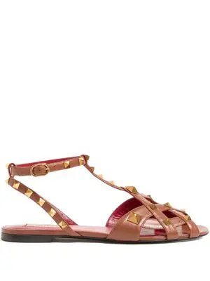 Valentino Garavani Studded Kidskin Flat Sandals - Brown